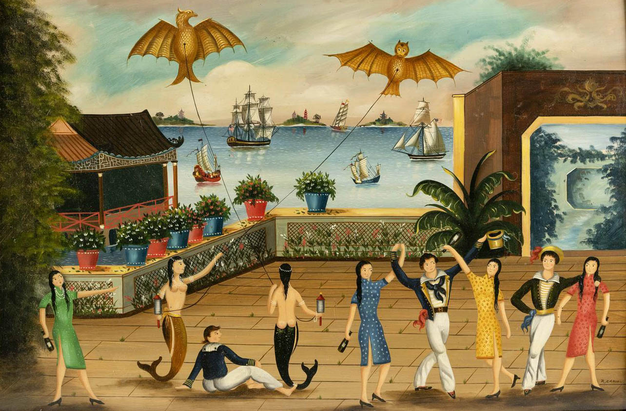 A Ralph Cahoon Painting of Sailors and Mermaids Dancing and Flying ...